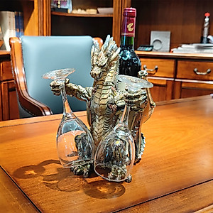 HEINBOW Steampunk Dragon Wine Bottle Wine Holder Statue with Two Wine Glasses Holder Wine Rack Gothic Decor Metallic Look for Home Man Cave Decor Gifts for Men 11.6''High