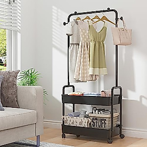 ACCSTORE Metal Clothing Racks, Freestanding Trolley Coat Rack With Wheels,Garment Rack For Storage，Clothes Rack,Heavy Duty Clothing Rack,Garment Racks With 2 Tier Plastics Storage Shelf,Black