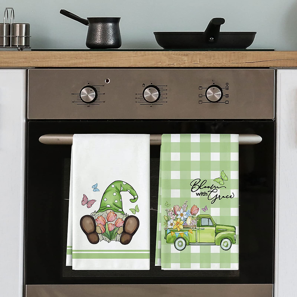 AnyDesign Spring Kitchen Dish Towel Watercolor Gnome Flower Bicycle Truck Dishcloth Green Buffalo Plaids Stripes Hand Drying Tea Towel for Cooking Baking Cleaning Wipes Supplies, 18 x 28 Inch, 4Pcs