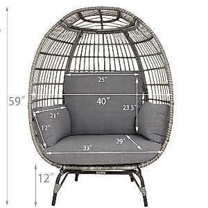Barton Oversized Egg Style Wicker Chair Canopy Stationary & Seat Cushions Patio Lounge Basket, Grey