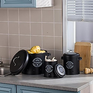 Easnea Potato, Onion & Garlic Kitchen Storage Canisters, Kitchen Vegetable Storage Tins, Rustic Farmhouse Containers, Kitchen Pantry Organizer Tin for Counter Home Kitchen (Black L)