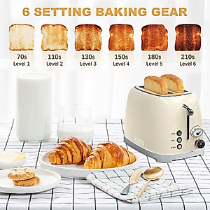 Toaster 2 Slice,1.5"Extra Wide Slots Toaster,Retro Stainless Steel with Bagel, Cancel, Defrost, Reheat Function and 6-Shade Settings, Removal Crumb Tray (Cream)