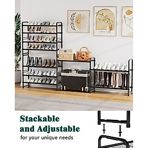 SUFAUY Shoes Rack Shelf for Closet Metal Stackable Shoe Organizer, Expandable & Adjustable Storage Shelves, Wire Grid, 4-Tier, Black