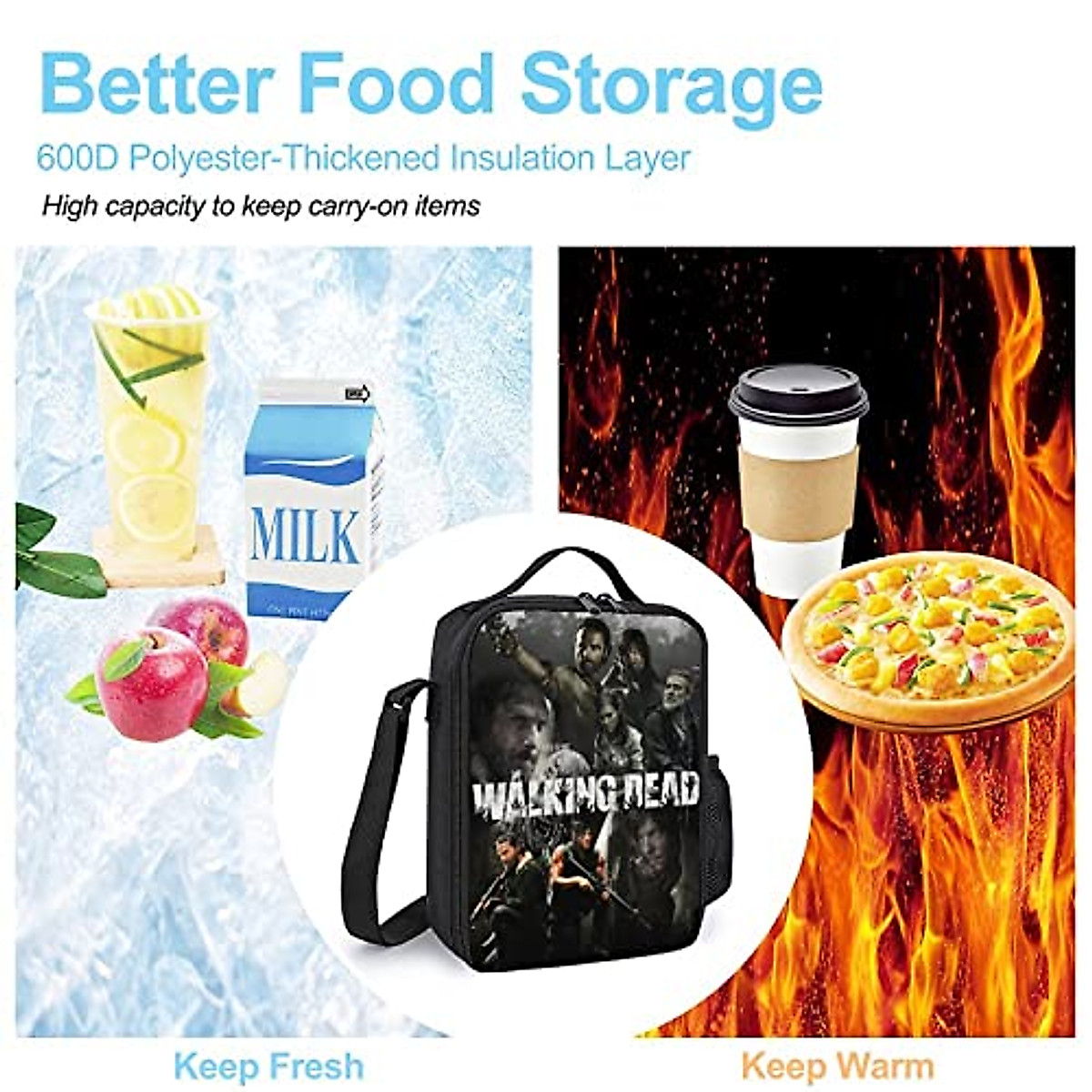Waterproof Reusable Insulation Lunch Bags The Apocalyptic Walking Horror Drama Dead Lunch Bag Fruit Tote Warm Pouch for Return Gift Lunch Box with Adjustable Shoulder Strap Ages 12-18 years old