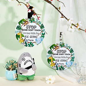 PLIGREAT 2 Pack No Touching Baby Car Seat Sign, No Kissing Baby Stroller Tag with Hanging Straps and Clip, Please Dont Touch Baby Safety Sign for Baby Girl Boy, Green Leaves and Cute Animals Pattern