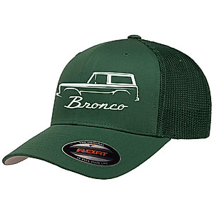 1966-77 Ford Bronco Truck Outline Design Flexfit Trucker Mesh Fitted Cap Forest