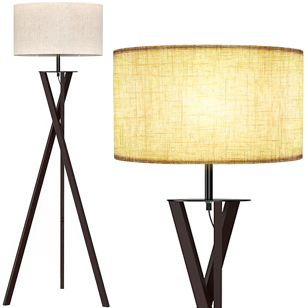 LEPOWER Standing Floor Lamp, Modern Design Tripod Lamp, Mid Century Wood Reading Lamp for Living Room, Bedroom and Office, Flaxen Lamp Shade with E26 Lamp Base