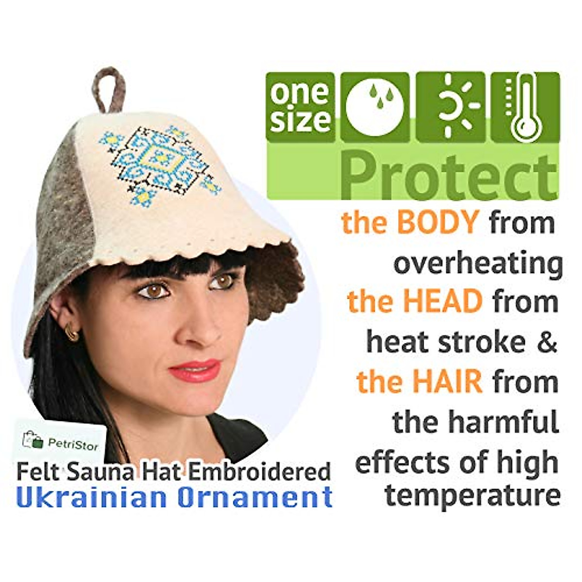 PetriStor Ukrainian Sauna Hat Ornament Blue - Hats Sauna Hat for Men - Ukraine Sauna Hat for Men - Bathhouse Hat - Natural Felt - Sauna Hat Finnish - Wool Sauna Hat for Men