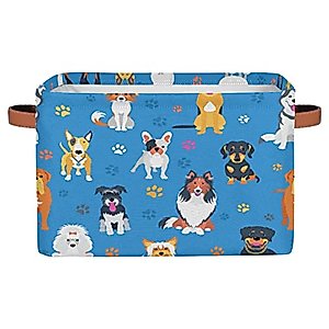 Pardick Animal Dog Breed Paw Storage Basket Storage Cube Bins Cute Puppy Print Canvas Collapsible Toy Basket Organizer Waterproof Laundry Box with Handle for Shelf Closet Office Bedroom, 2PCS