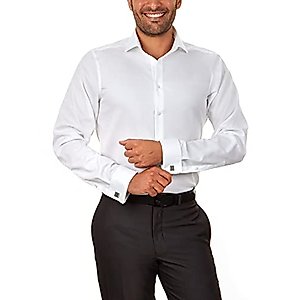 Calvin Klein Men's Dress Shirt Slim Fit Non Iron Herringbone French Cuff, White, 15.5" Neck 34"-35" Sleeve