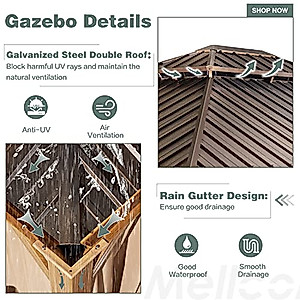MELLCOM 12' X 14' Hardtop Gazebo, Wooden Finish Coated Aluminum Frame Gazebo with Galvanized Steel Double Roof, Brown Metal Gazebo with Curtains and Nettings for Patios, Gardens, Lawns