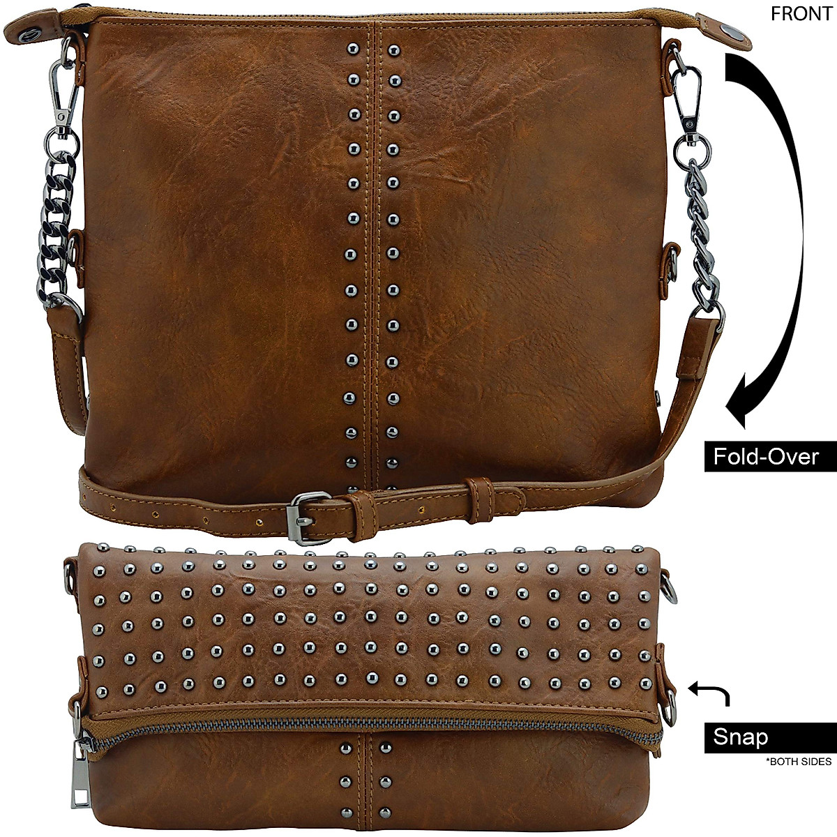 K&Bo Stevie Women’s Studded Chain Crossbody Handbag Purse Brown, Rocker Chic Boho Medium, Converts to Clutch Bag, Lightweight