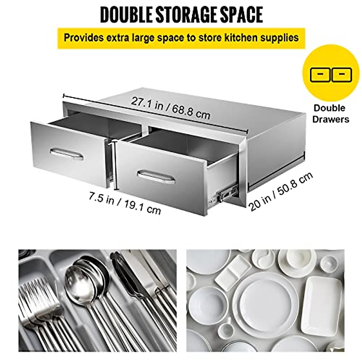 Mophorn 30" W x 10" H x 20" D Horizontal Double Access Stainless Steel with Handle BBQ Island Drawers for Outdoor Kitchens or Patio Grill Station, 30W x 10H x 20D Inch