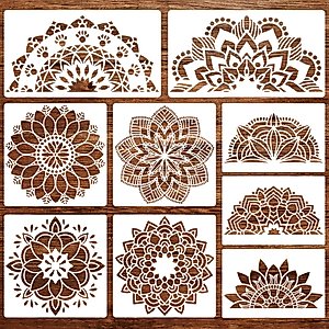 9 Pack Large Mandala Stencils for Painting Mandala Painting Templates Reusable Floral Mandala Drawing Stencils for Wall Floor Furniture Fabric Canvas Wood DIY Craft Art Supplies Home Decor