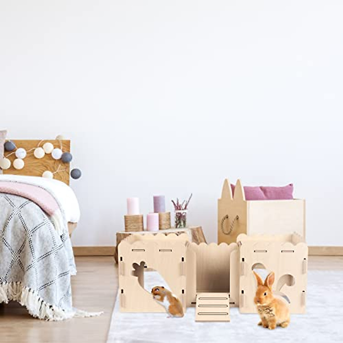 ASENKU Large Wooden Rabbit Castle with Ladders, Detachable Rabbit Hideout for Guinea Pig Chinchilla Hamsters, Sturdy Bunny Play House Handmade Hut for Small Animal to Hide