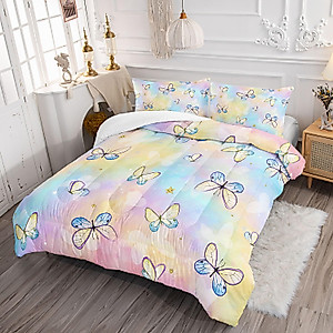 Datura home Kids Comforter Set Butterflies Printed Pattern Bedding Set with 1 Comforter and 2 Pillowcases for Girls Boys Bedroom All Season(Butterflies5 Twin)