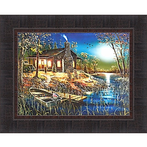 After Dark by Jim Hansel 17x21 Cabin Lake Boat Dock Dog Framed Art Print Wall Décor Picture