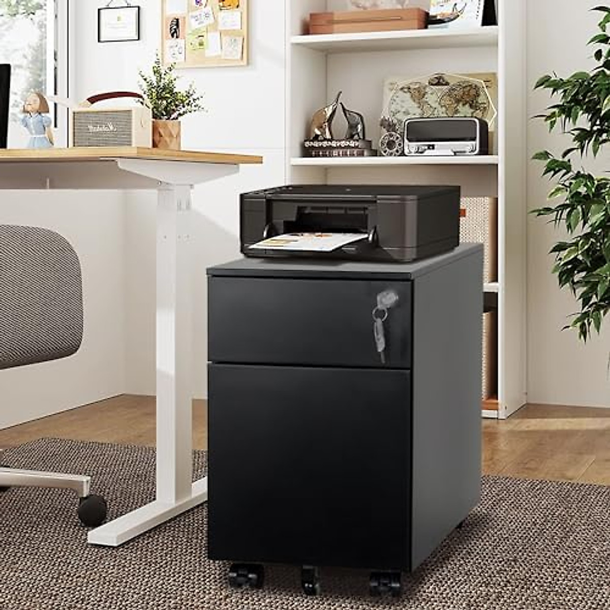 Daesar 2 Drawer Mobile File Cabinet with Lock Metal Filing Cabinet for Legal/Letter/A4/F4 Size, Fully Assembled Include Wheels, Home/Office Design, Black