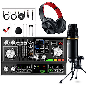 Podcast Equipment Bundle Aluminum Alloy Panel with Studio Condenser Microphone Sound DJ Mixer Broadcast Audio Interface DIY Sound Effect For PC Laptop Phone,Streaming Recording, Black