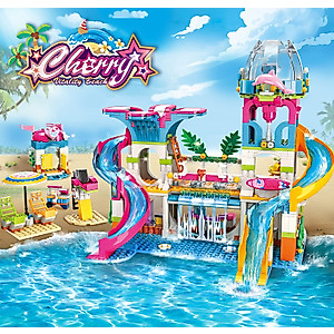 Building Set for Girls Friends Set Summer Swimming Pool Building Toys Water Park Building Blocks Playset Includes Ice-Cream Car, Shower Room, Christmas Birthday Present Gift for Kids Girls 6-12