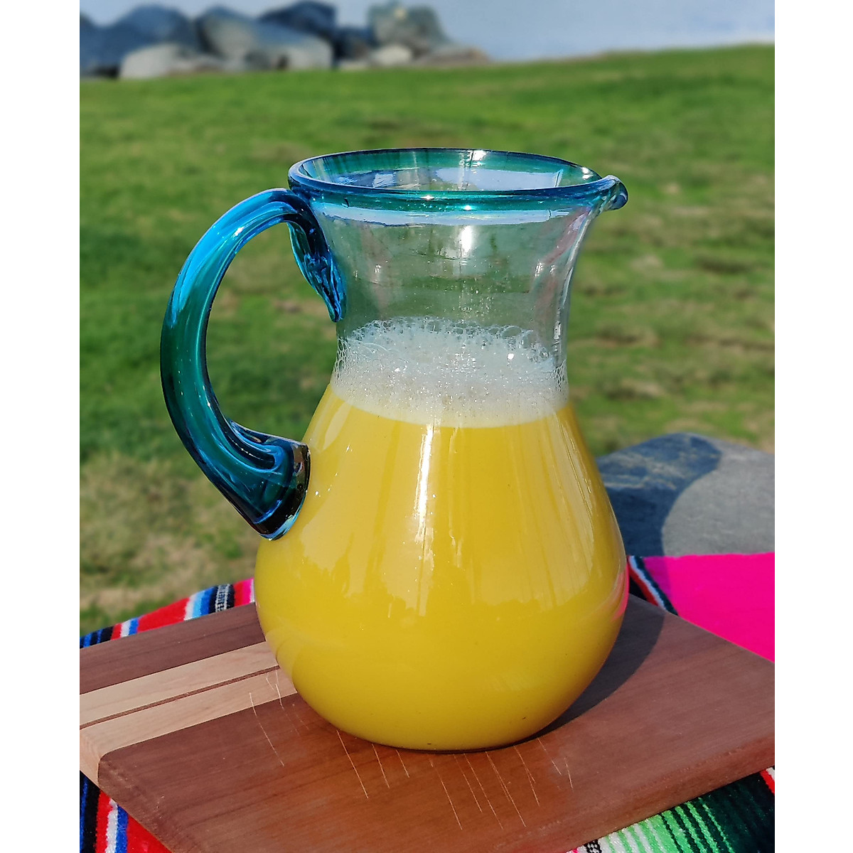 Mexican Hand Blown Glass Pitcher – Aqua Rim and Handle (84 oz)