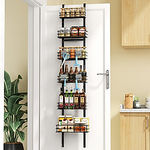 Mystozer 6-Tier Over The Door Pantry Organizer with 6 Adjustable Baskets and 4 Hooks, Metal Hanging Spice Rack, Black