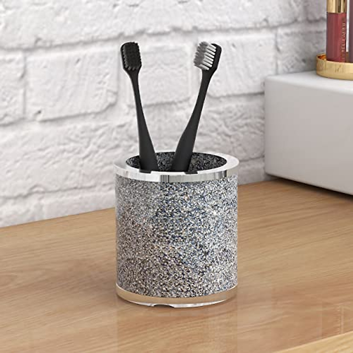 SHYFOY Bathroom Accessories Set, 3 Piece Silver Crystal Diamond Bathroom Accessory Decor Sets, Glass Bath Restroom Set Vanity Organizer Includes Soap Dispenser, Toothbrush Holder, Soap Dish