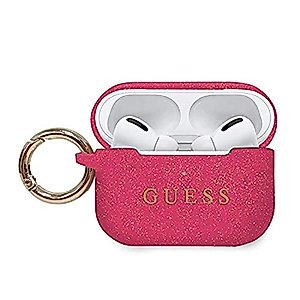 Guess AirPods Case Cover in Fuschia Glitter with Carabiner, Compatible with Apple AirPods Pro, Silicone Protective Hard Case, Shockproof, Wireless Charging, and Signature Printed Logo