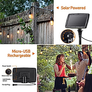 Solar String Lights Outdoor - 34FT 15 LED Patio Lights, USB & Solar Powered Outdoor String Lights with 4 Lighting Mode, IP65 Waterproof Garden String Lights for Outside Cafe Yard Bistro, Warm White