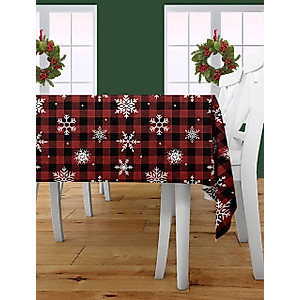 Lintex Red/Black Snowflake Plaid Festive Christmas Fabric Tablecloth, Red, Black and White Plaid Country Rustic Xmas Holiday Tablecloth, 70” Round