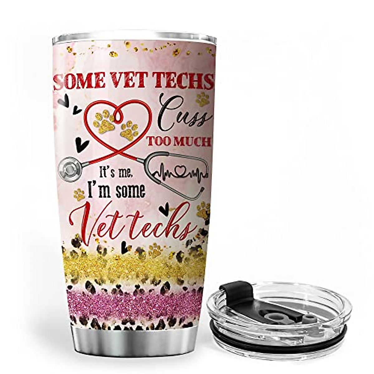 ZOXIX Vet Tech Cups Tumbler Glitter Leopard Stethoscope Medical Veterinarian Coffee Mug With Lid 20oz Stainless Steel Cup Cute Veterinary School Graduation Gifts For Girls