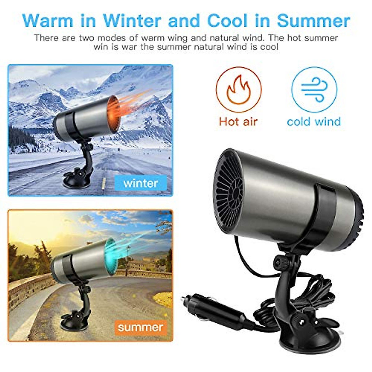 Portable Car Heater, 12V 150W Car Fan Plug in Cigarette Car Defroster Car Fan with Air Purification 2 in 1 Fast Heating & Cooling Function 3-Outlet with Sucker Holder