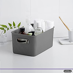Superio Decorative Plastic Open Home Storage Bins Organizer Baskets, Medium Grey (1 Pack) Container Boxes for Organizing Closet Shelves Drawer Shelf - Ribbed Collection 5 Liter