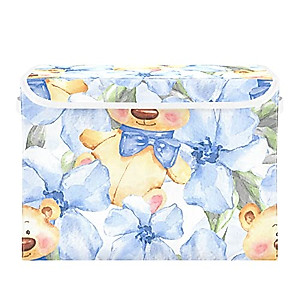 RunningBear Blue Flowers Teddy Bear Large Storage Bins with Lid Collapsible Storage Bin Dog Toy Storage Bin Fabric Storage Baskets for Closet Nursery Cabinet Living Room