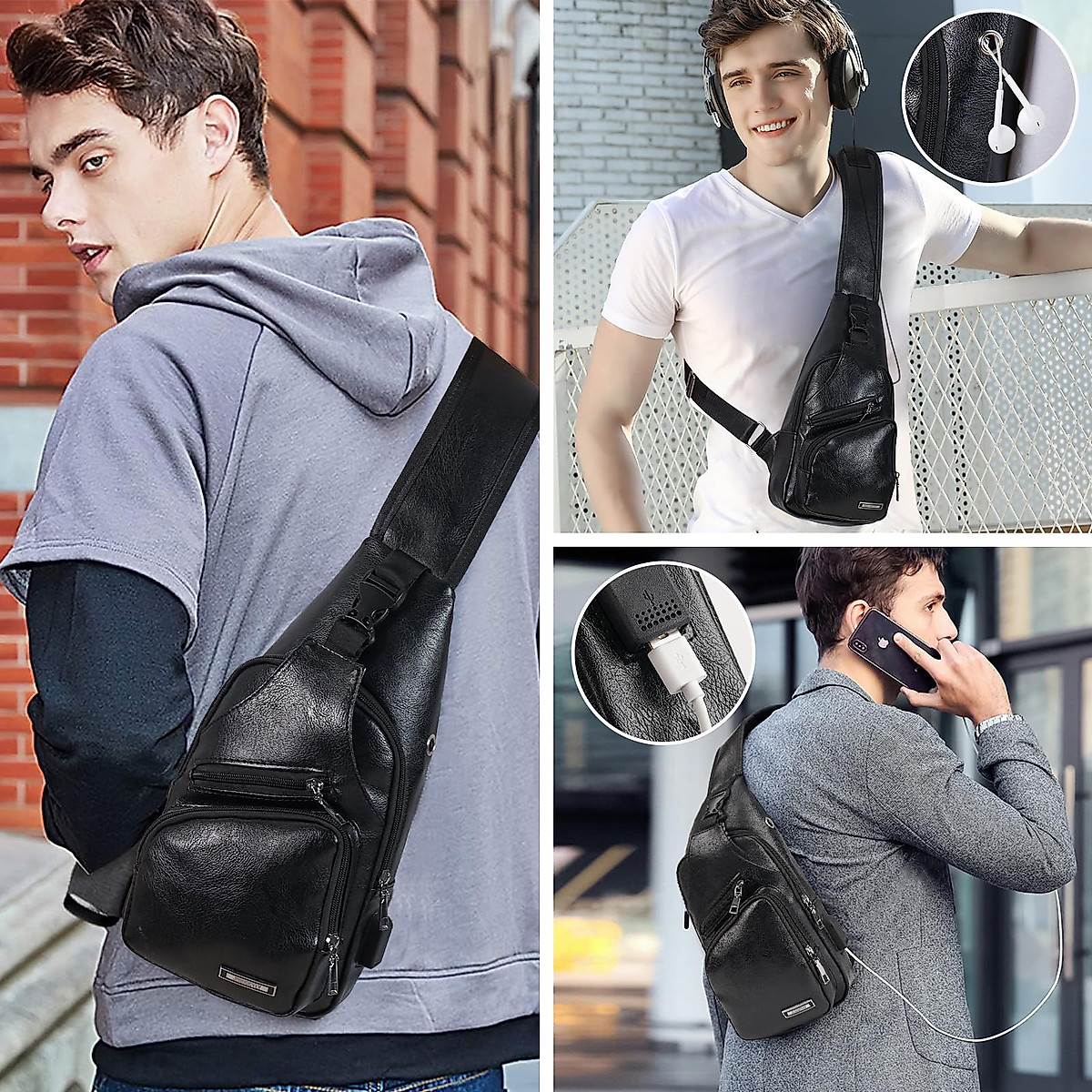 JUMO CYLY Men's Leather Sling Bag, Chest Shoulder Backpack, Waterproof Crossbody Bag swith USB Charging Port One_Size