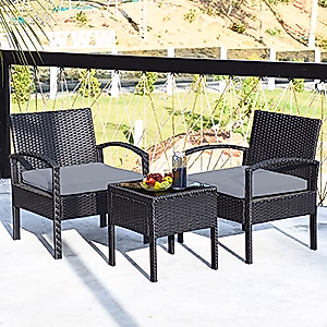 Tangkula 3 Piece Patio Conversation Set, Outdoor Rattan Sofa Set with Seat Cushions & Coffee Table, Patio Wicker Furniture Set for Garden Balcony Backyard Poolside (Grey)