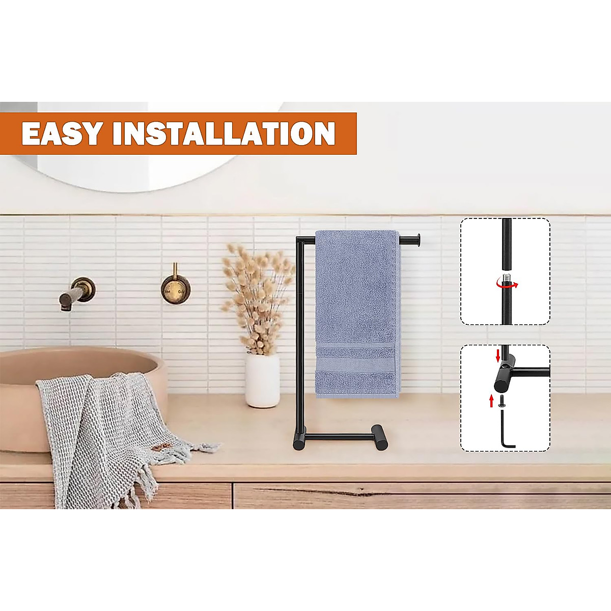 Livabber L-Shape Hand Towel Holder Stand, Metal Hand Towel Rack Modern Countertop Hand Towel Ring Standing Towel Bar for Bathroom Kitchen(Black)