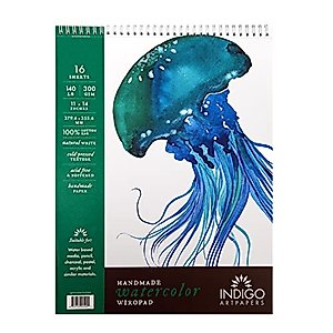 Indigo Artpapers 11" x 14" Handmade Watercolor Wiropad, 100% Cotton Rag, 140 LB/300 GSM, 16 Sheets/Pad (3001114CPSP)