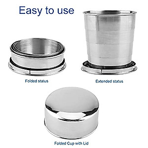 Omabeta Travel Folding Cup, Silver Portable Outdoor Tumbler Stainless Steel Collapsible Folding Cup Mini Lightweight Reusable Mugs with Key Chain for Traveling Camping(250ml)