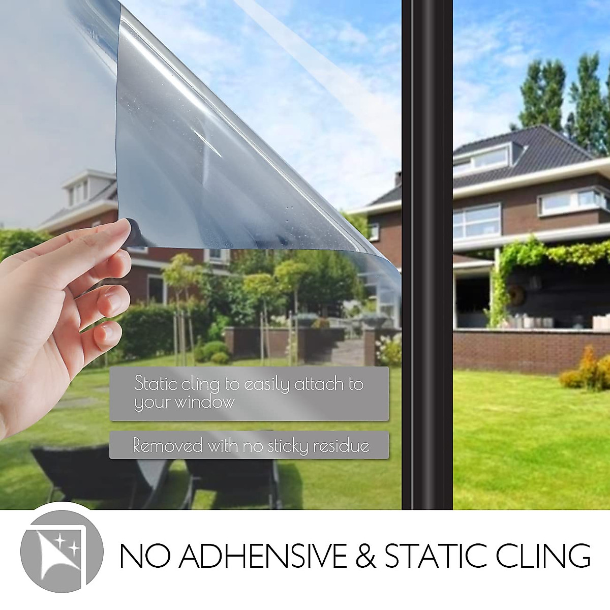 HIDBEA One Way Window Film Non-Adhesive, Heat Control Sun Blocking Daytime Privacy Glass Films, Reflective Self Static Cling Mirror Window Tint for Home (Silver, 35.4 Inch x 16.4 Feet)