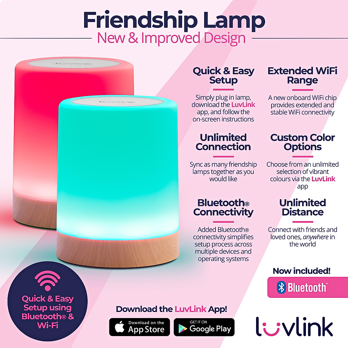 LuvLink Friendship Lamp v2.0 - Extended WiFi Range - Simple Bluetooth Setup (Set of Three)