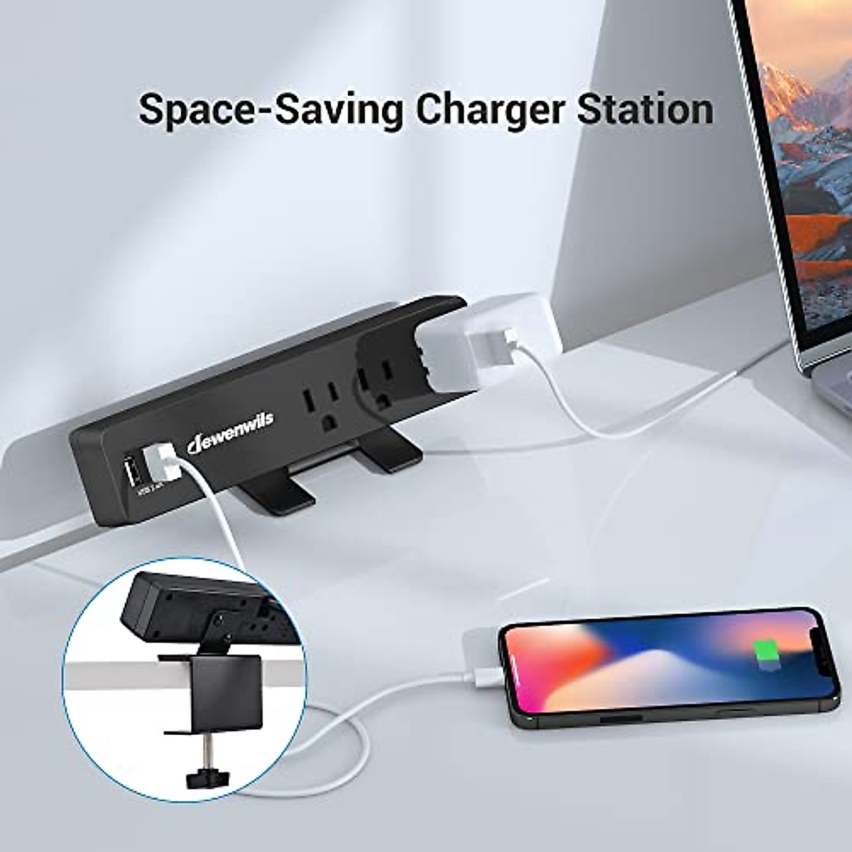 DEWENWILS Desk Clamp Power Strip, Desktop Power Station with 3 AC Outlets(15A/1800W), 2 USB Ports, Desk Mount Power Outlet for Home, Office, 6Ft 14/3C SJT Extension Cord