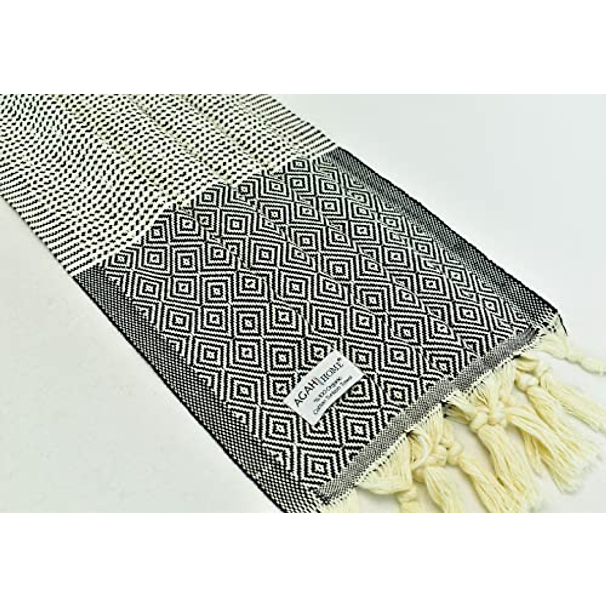 Agah Home Turkish Peshkir, Face Towel, Kitchen Towel, Monogrammed Towel, Personalized Hand Towel, Tea Towel, Cotton Towel, 18x36 in Kesik Elmas Peshkir (Black)