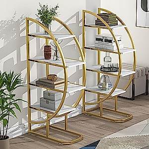 4-Tier Round Circle Bookcase, L Shaped Bookshelf, Modern Storage Shelf, Gold Metal Frame, Adjustable Foot Pads, White