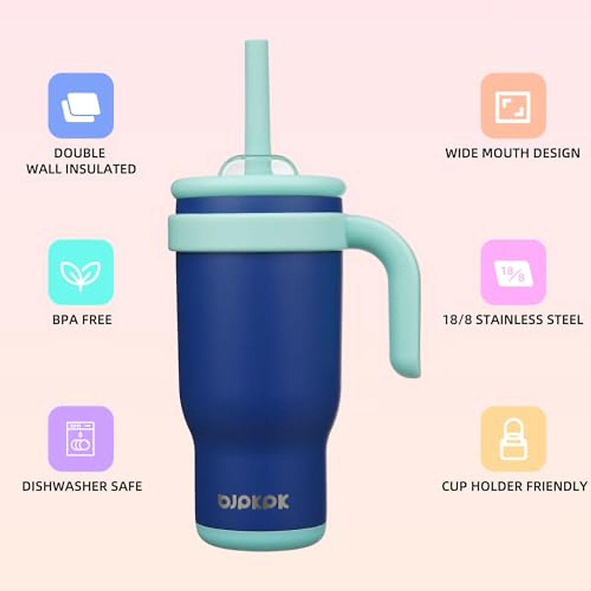 BJPKPK 18 OZ Insulated Travel Tumbler with Handle and Straw, Stainless Steel Water Bottle, Double Wall Vacuum Insulated Mug, for Work, Car, Travel, Deep Blue