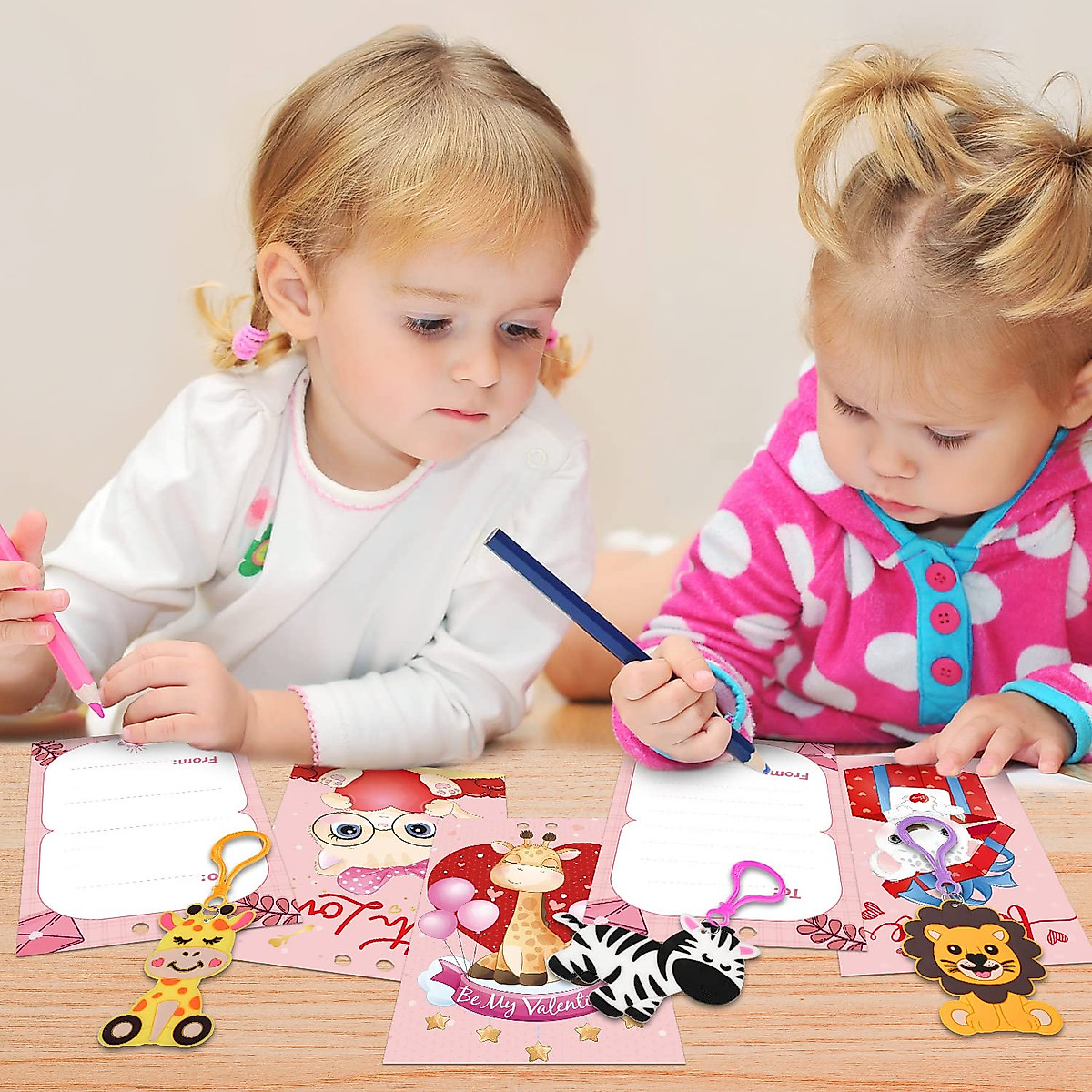 64 Valentines Day Cards with Animal Key Chains, Valentines Exchange Gifts Pendant Greeting Cards for Kids Teacher Prizes Activity Farmland Classroom Party Favors Decorations