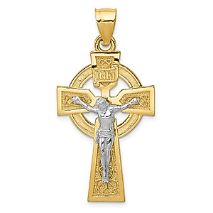 Solid 14k Yellow and White Gold Two Tone Celtic Knot Irish Claddagh INRI Cross Pendant Crucifix Charm - 35mm x 22mm
