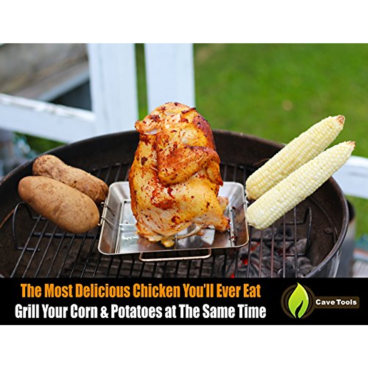 Cave Tools Beer Can Chicken Holder Roasting Pan with Vegetable Spikes - BBQ Accessories, Dishwasher Safe