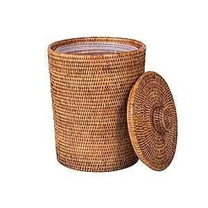 Kouboo La Jolla Rattan Round Plastic Insert & Lid, Large, Honey-Brown for Bedroom, Living Room and Bathroom Basket for Dry and Organic Waste