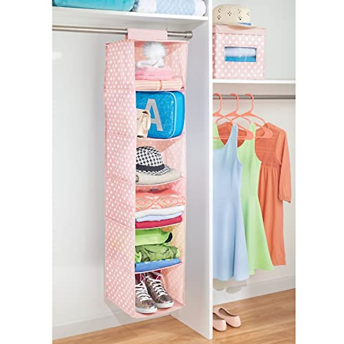 mDesign Fabric Hanging Organizer - Over Closet Rod Storage with 6 Shelves for Baby Nursery Bedroom Organization - Hold Clothes, Linens, Toys, Accessories - 2 Pack, Pink/White Polka Dot